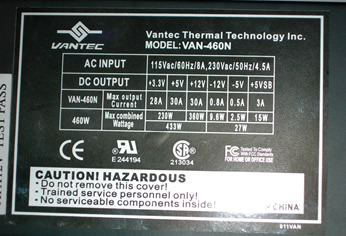 Vantec PSU - Printer Friendly version